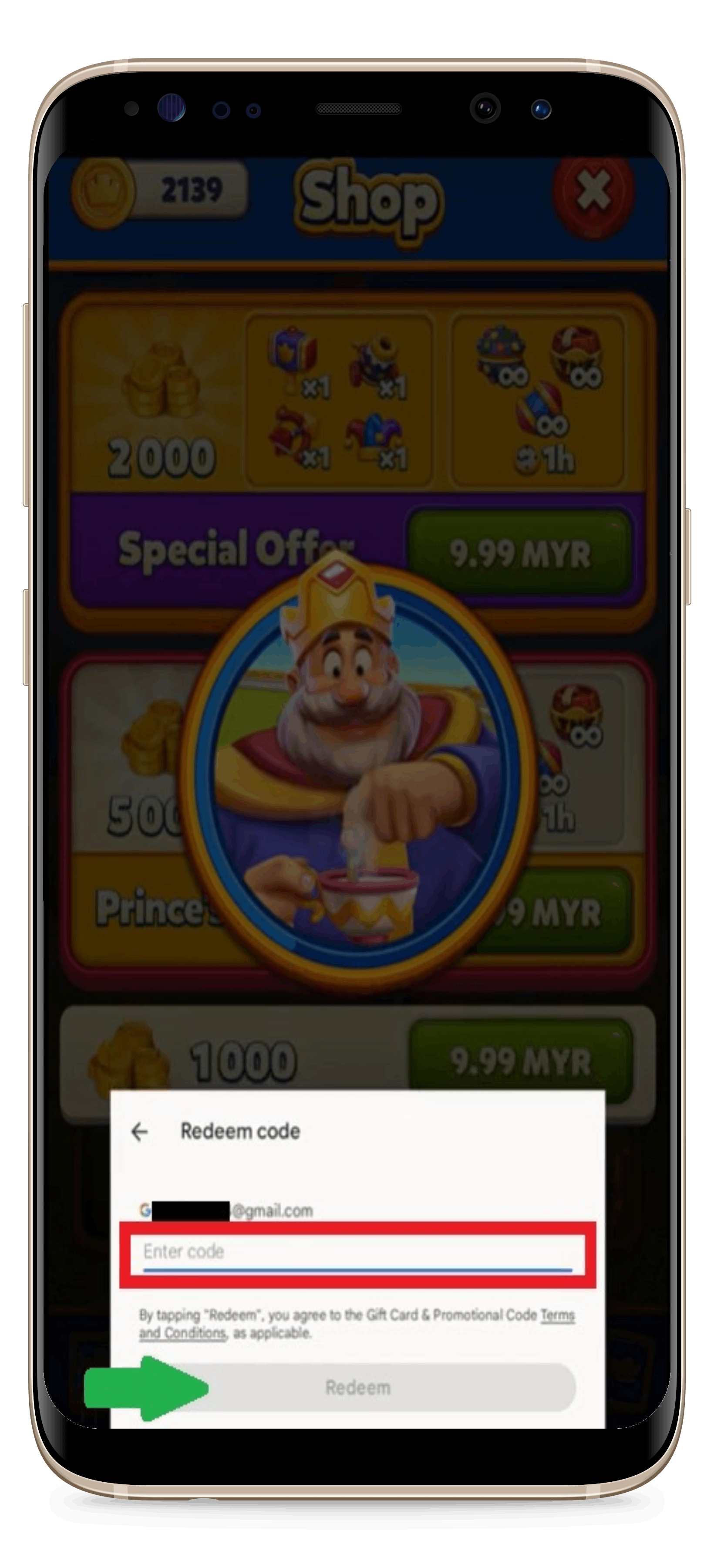 How can I purchase coins for Royal Match using the Google Play Code purchased in Codashop ...