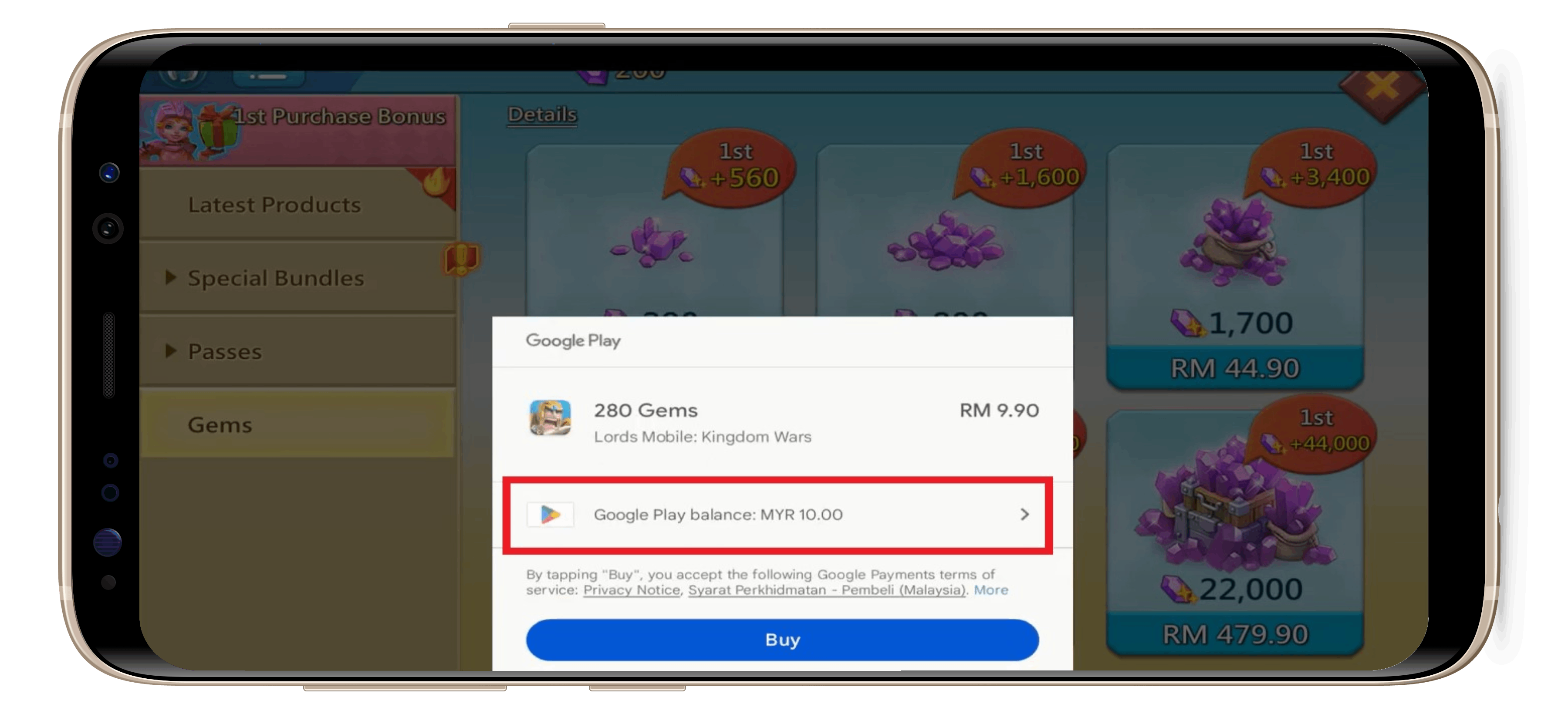 How can I purchase Gems for Lords Mobile Kingdom Wars using the Google Play Code purchased in ...
